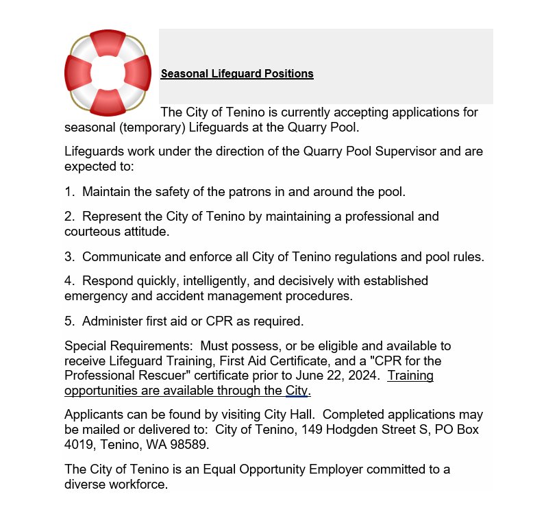 Taking Applications for Seasonal Lifeguards | Tenino WA